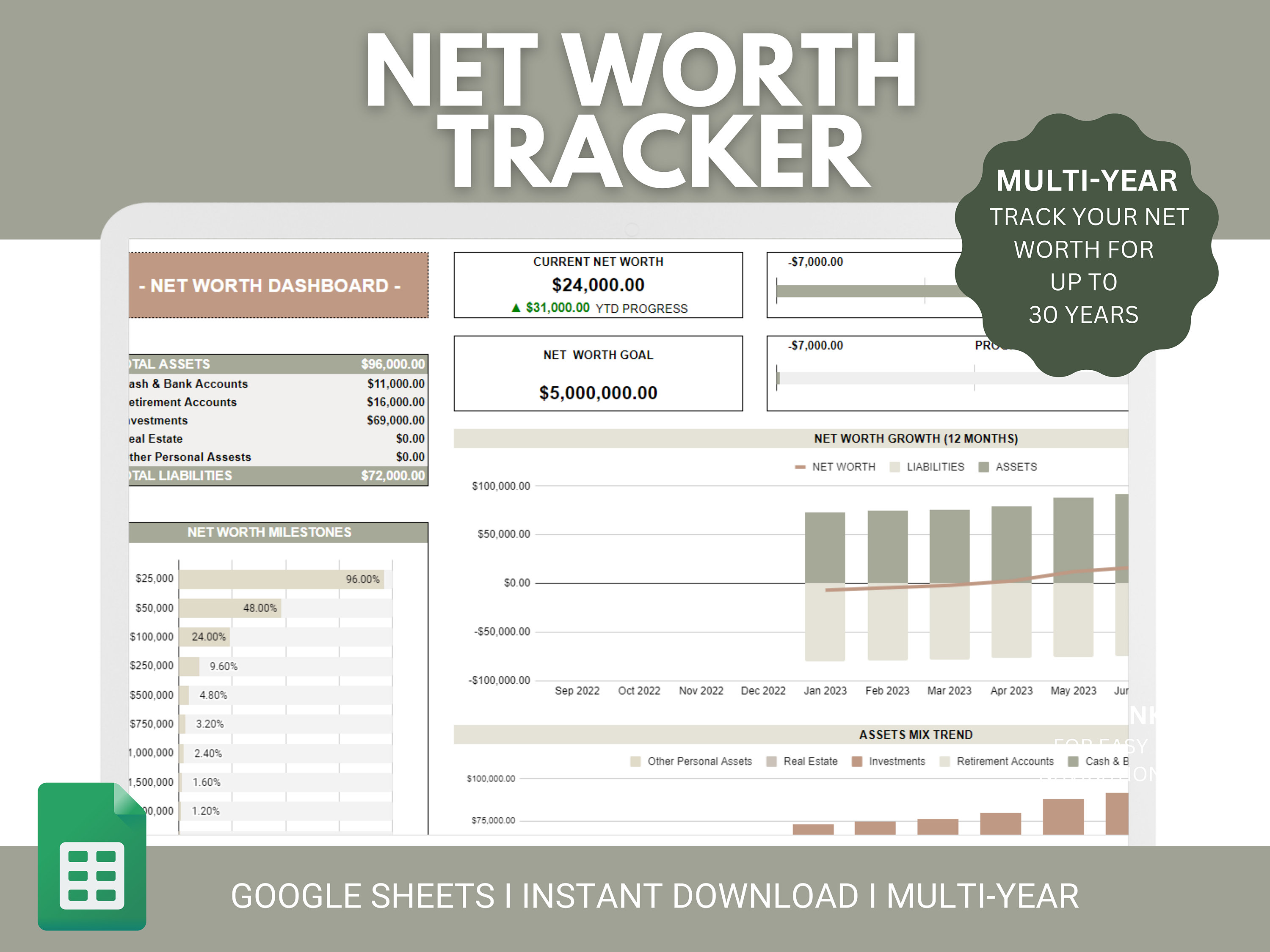 Net Worth Tracker Google Sheets | Net Worth Dashboard | Multi-year Net ...