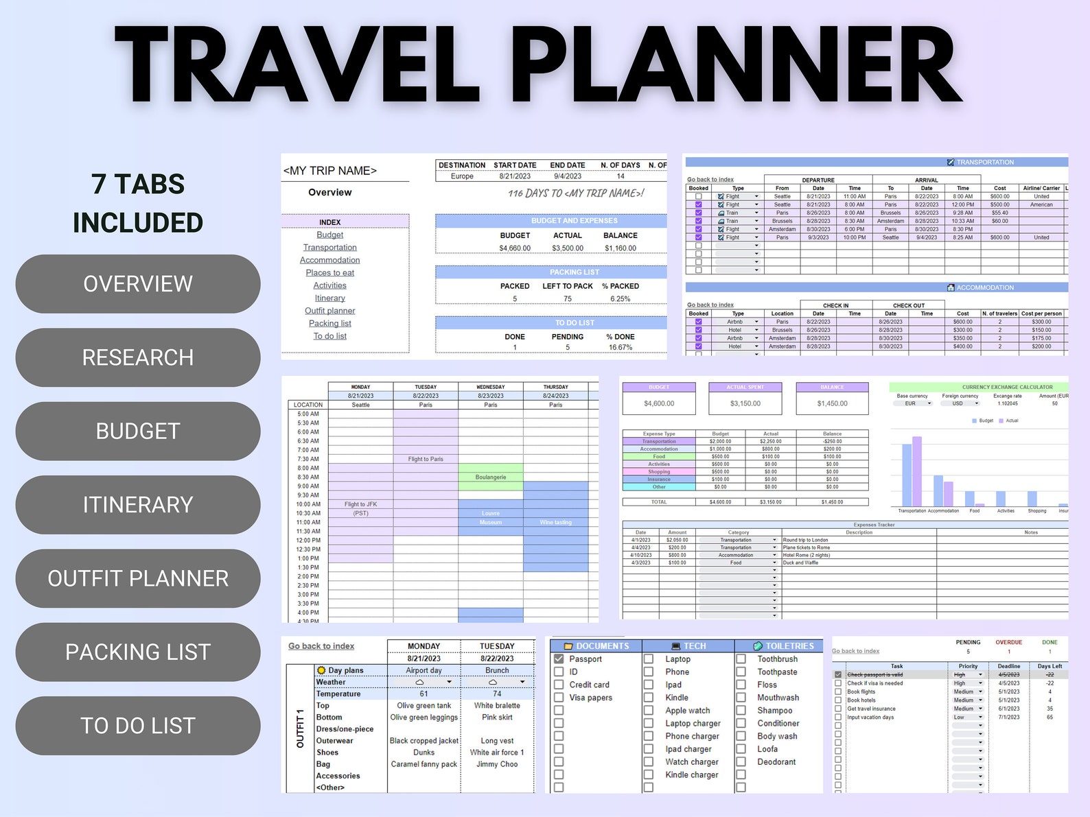 Travel Planning Spreadsheet | Travel Budget Planner | Travel Itinerary ...