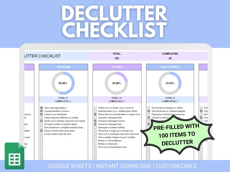 Decluttering Checklist Google Sheets Spreadsheet | Decluttering Tracker | Declutter Planner ...