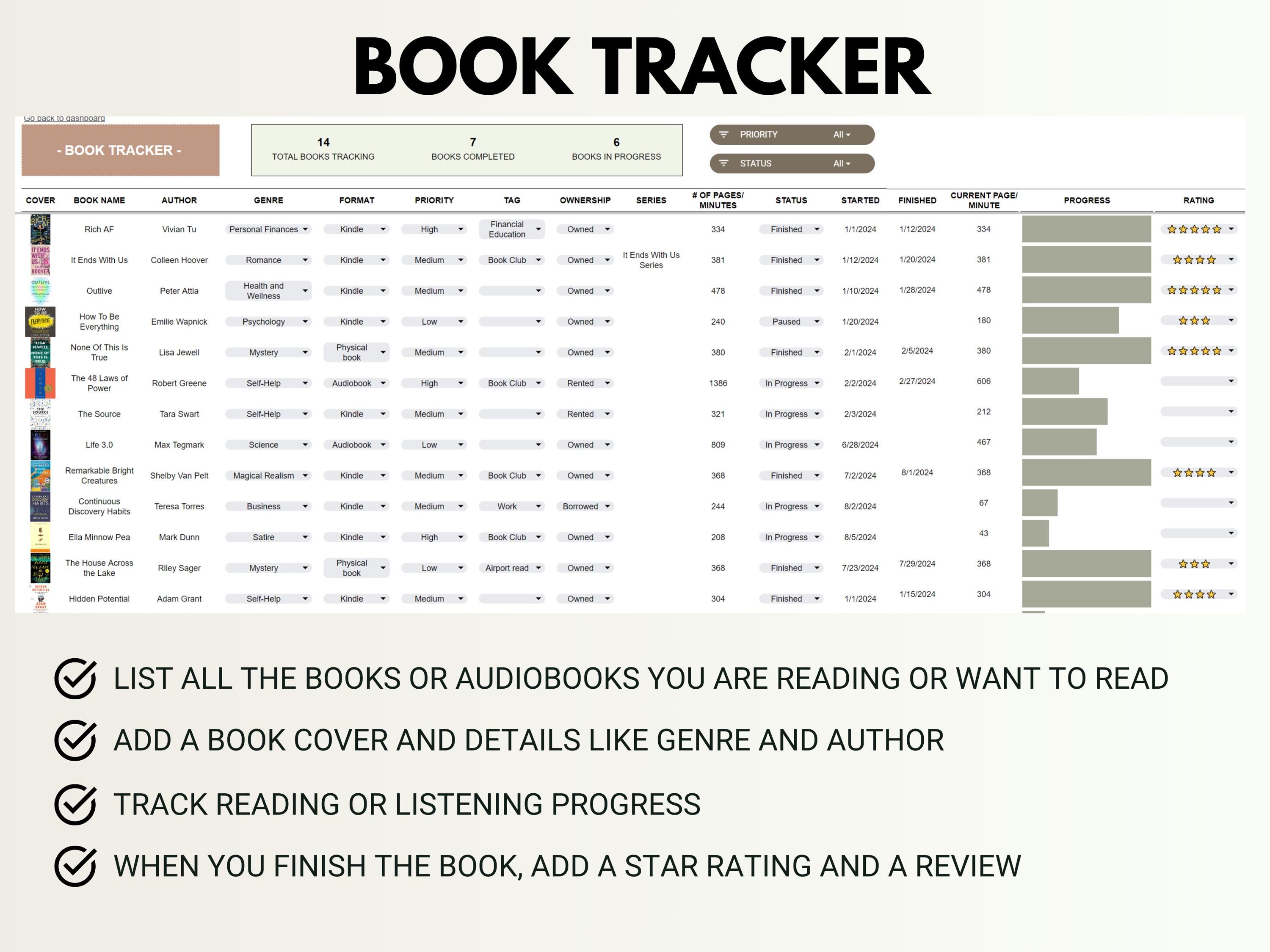 Reading Tracker Spreadsheet | Book Tracker Google Sheets Spreadsheet ...