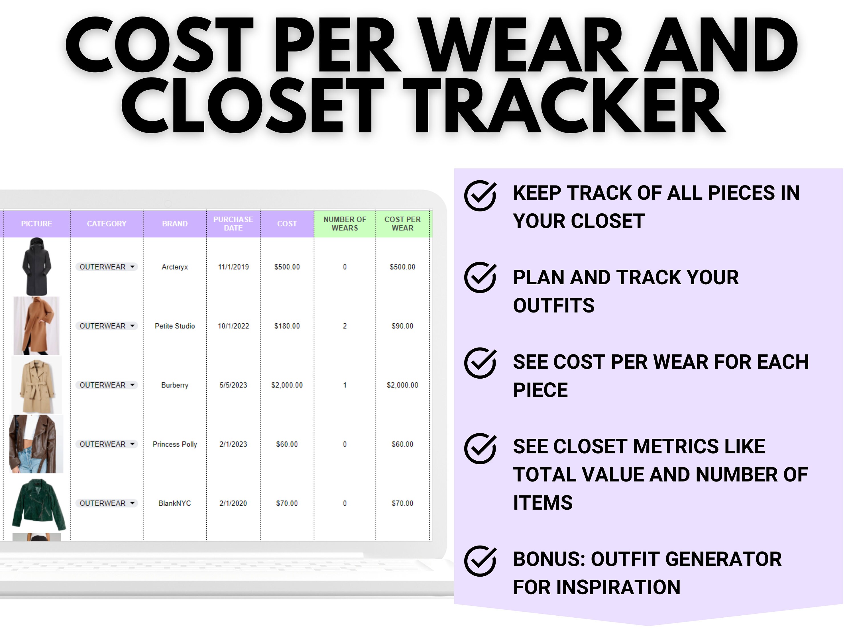 Cost per Wear Tracker | Outfit Planner | Closet Tracker | Closet ...
