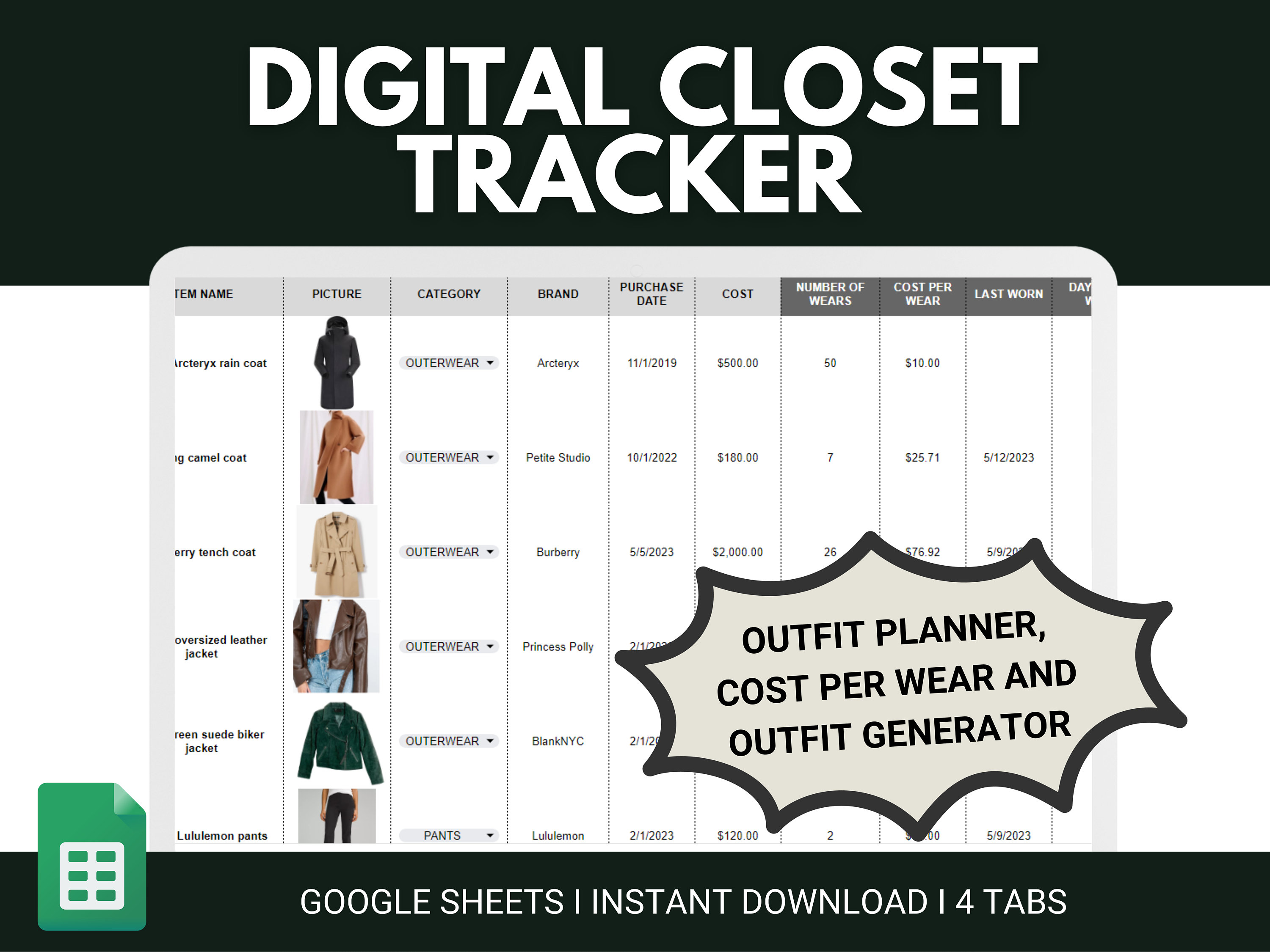 Cost per Wear Tracker | Outfit Planner | Closet Tracker | Closet ...