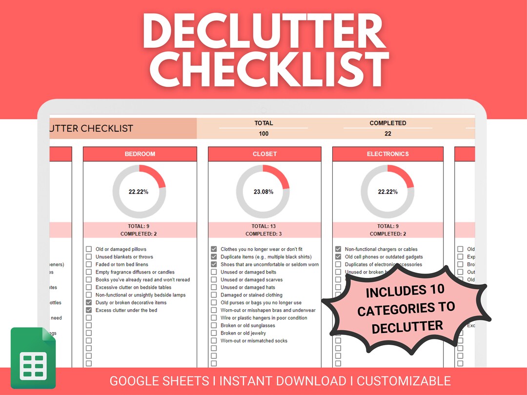 Declutter Checklist Google Sheets Spreadsheet | Decluttering Worksheet | Decluttering Tracker ...