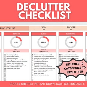 Declutter Checklist Google Sheets Spreadsheet | Decluttering Worksheet ...