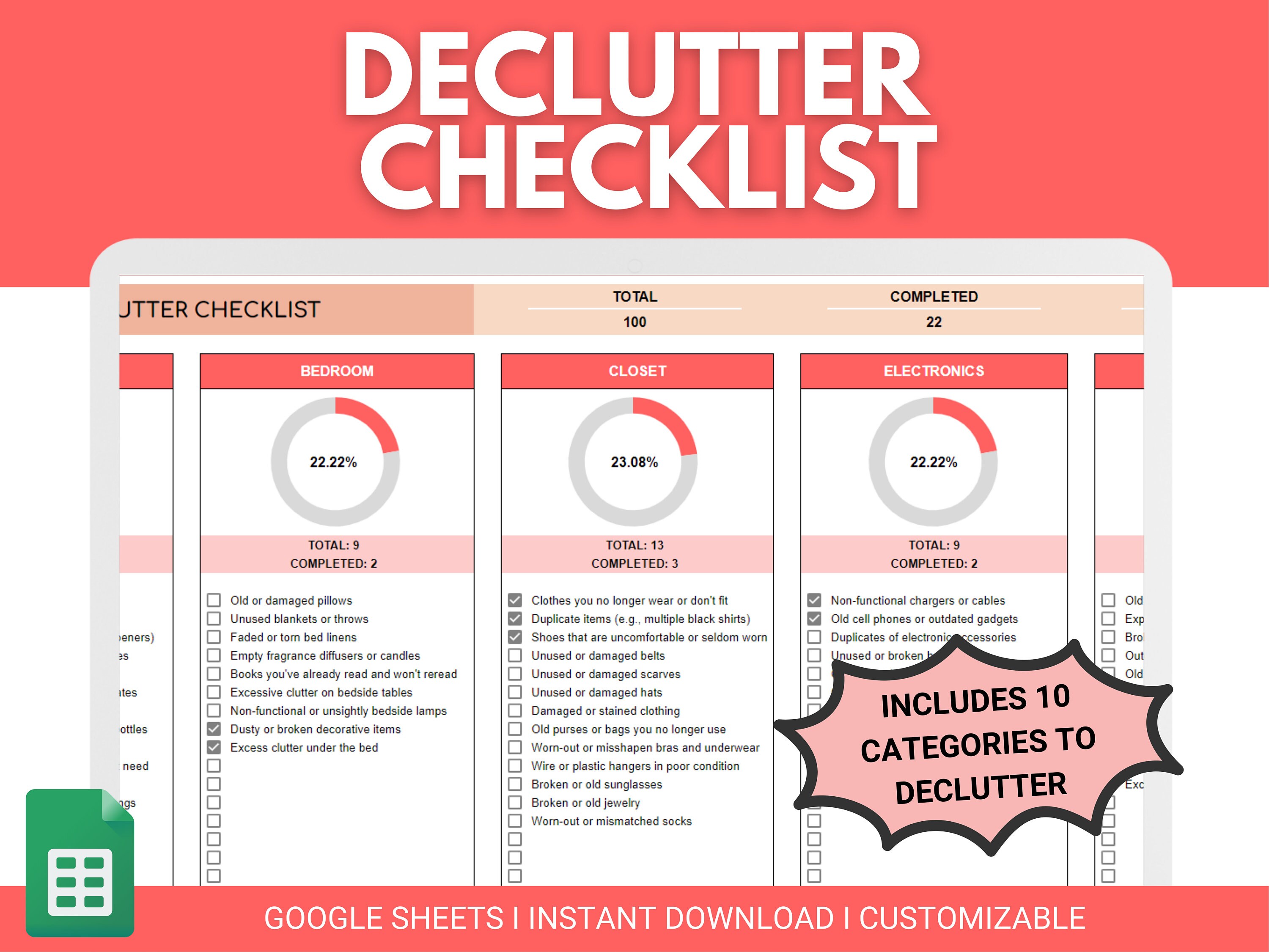 Declutter Checklist Google Sheets Spreadsheet | Decluttering Worksheet | Decluttering Tracker ...