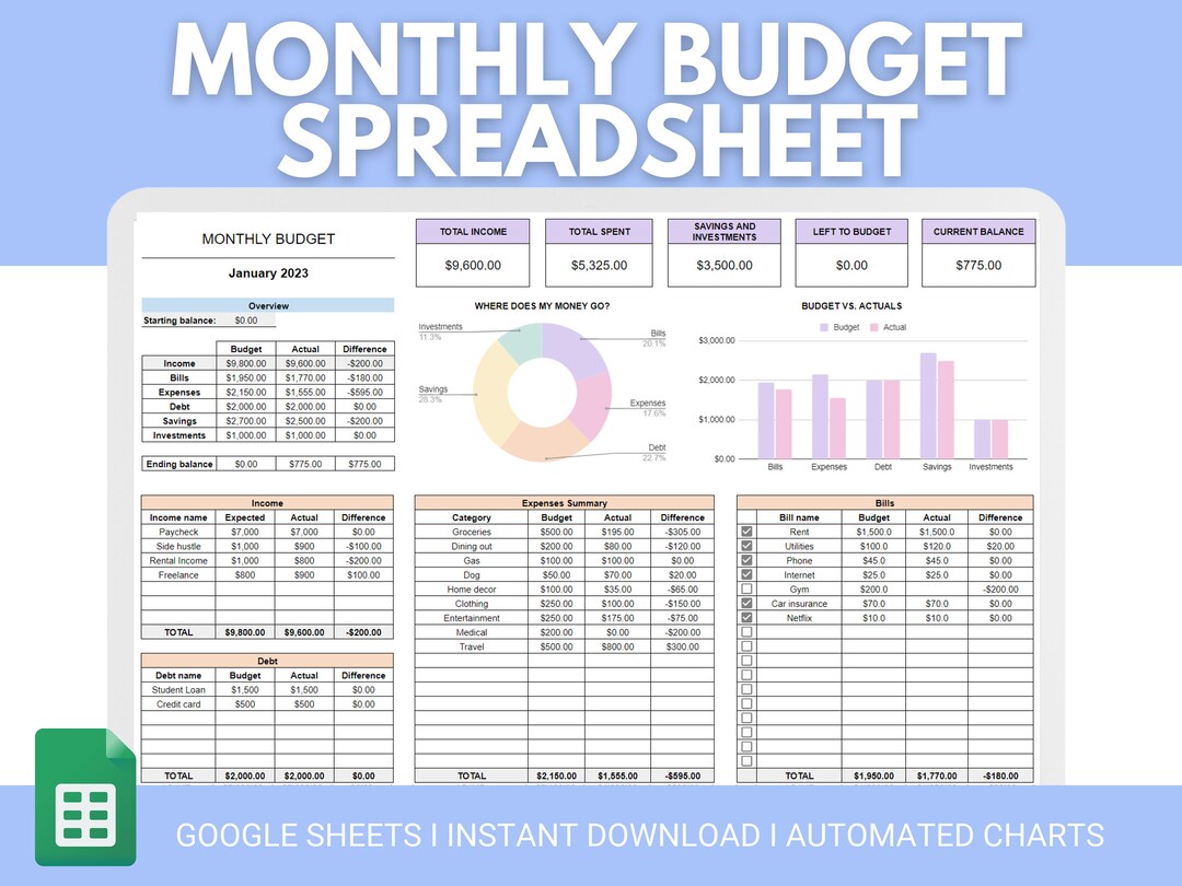 Monthly Budget Spreadsheet | Digital Financial Planner | Simple Budget ...