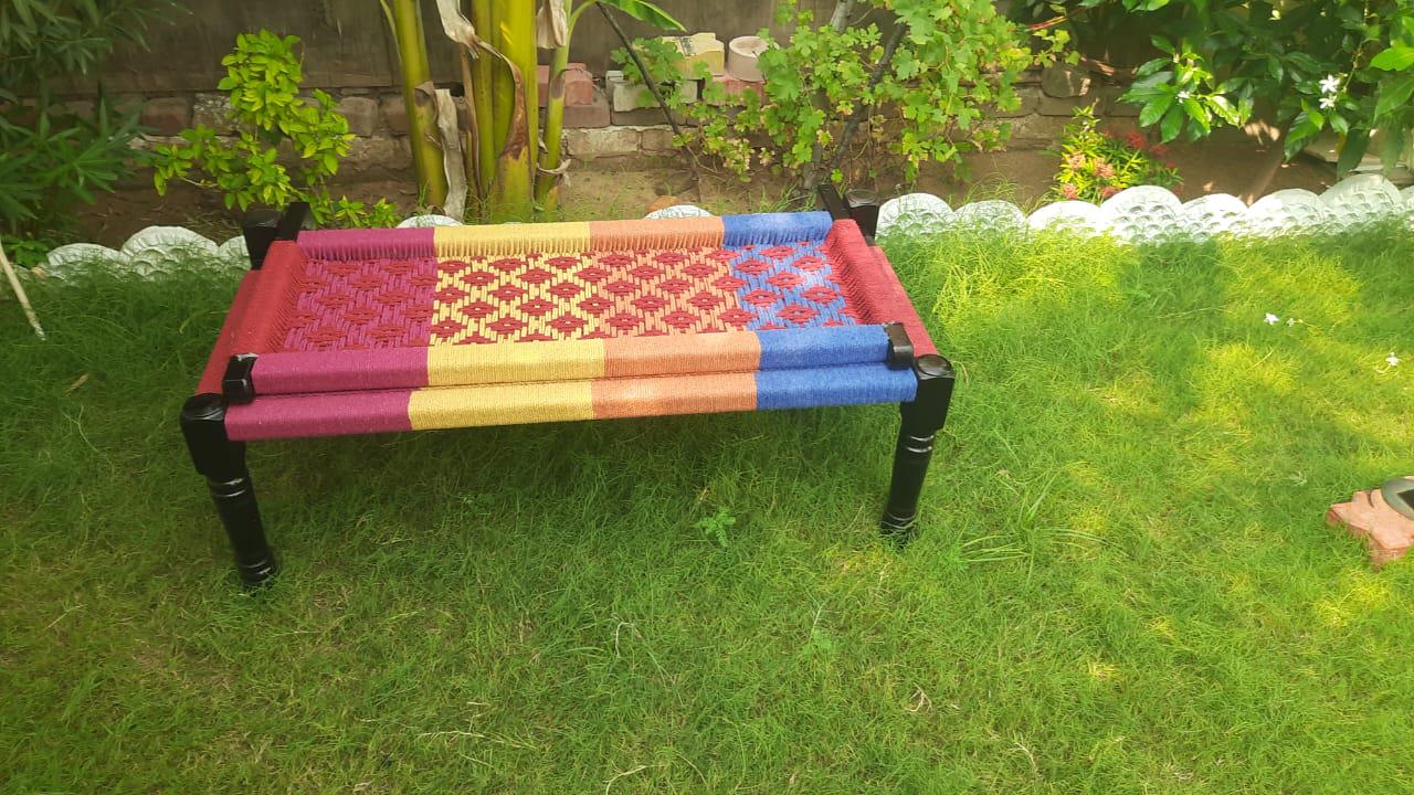 Sheesham Wood Bench With Rope Work, Multicolor Rope Bench, Rope ...