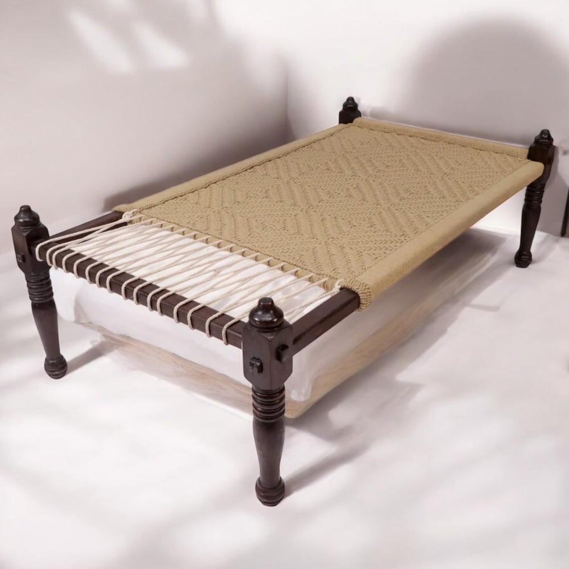 Handwoven White Cotton Rope Charpai | Traditional Wooden Daybed ...
