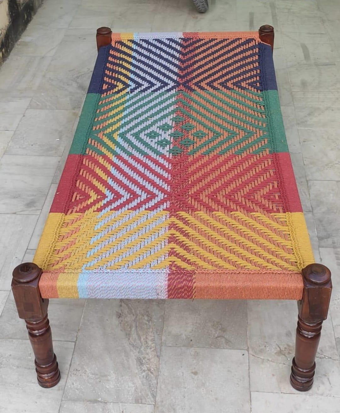 Wooden Handcarved Charpai Colourful Rope Indian Art Handmade Woven ...