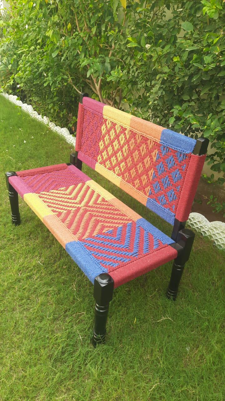 Sheesham Wood Bench With Rope Work, Multicolor Rope Bench, Rope ...
