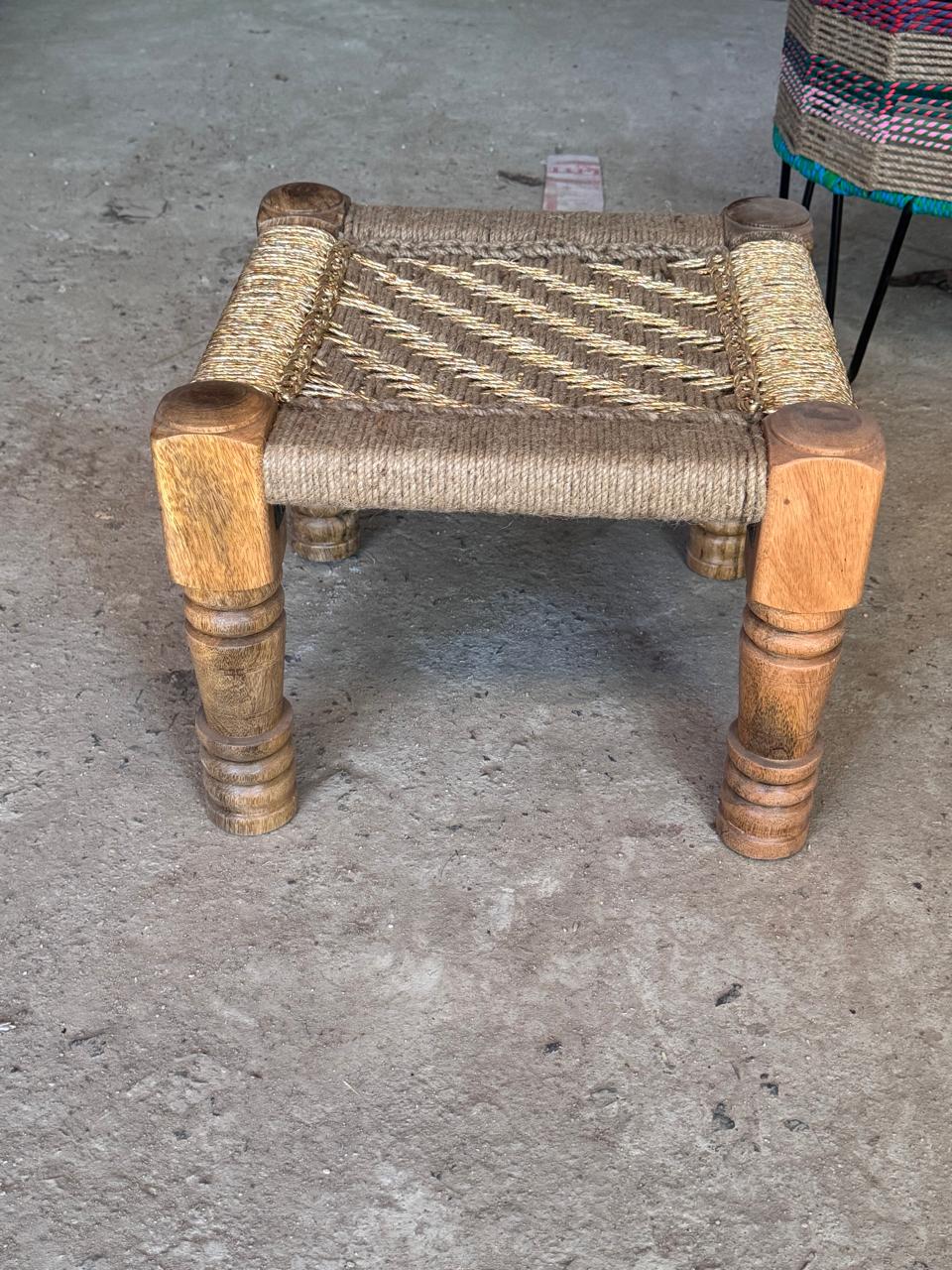 Handmade Wooden Woven Stool | Rustic Low Seat | Traditional Indian ...