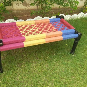 Sheesham Wood Bench With Rope Work, Multicolor Rope Bench, Rope ...