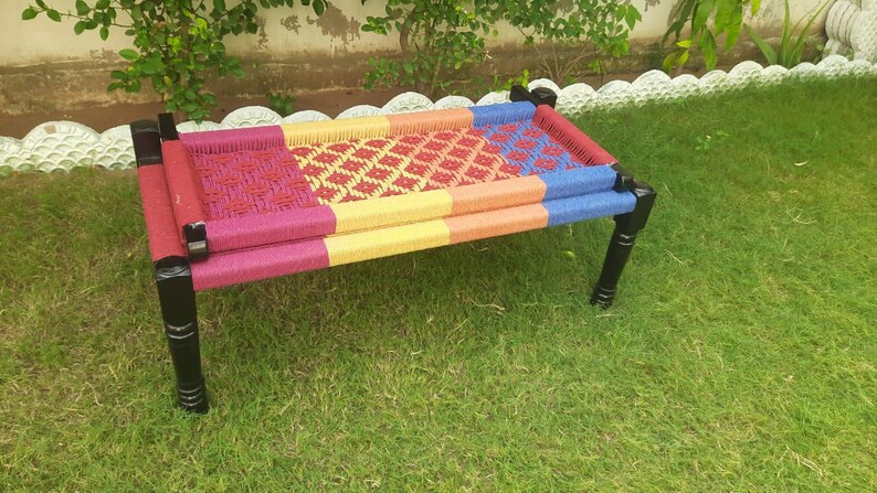Sheesham Wood Bench With Rope Work, Multicolor Rope Bench, Rope ...