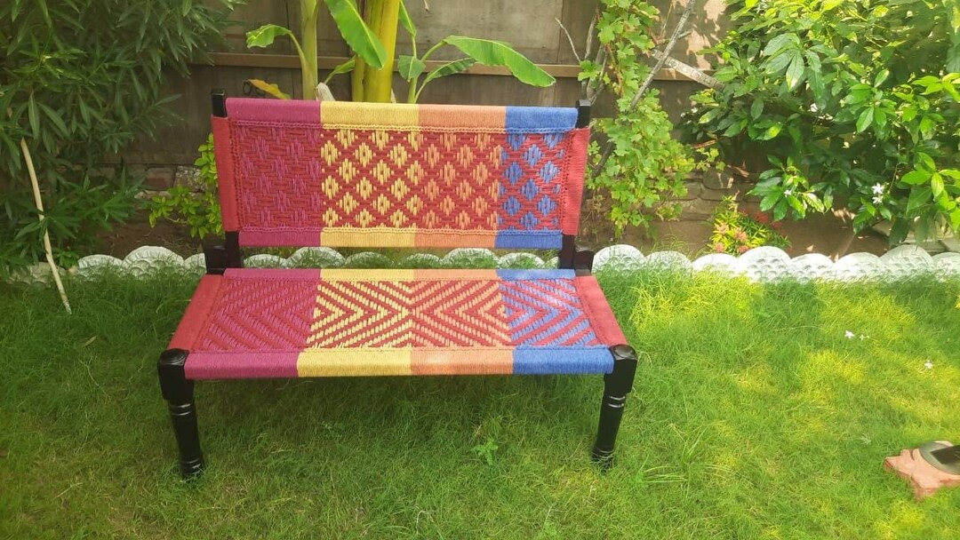 Sheesham Wood Bench With Rope Work, Multicolor Rope Bench, Rope ...