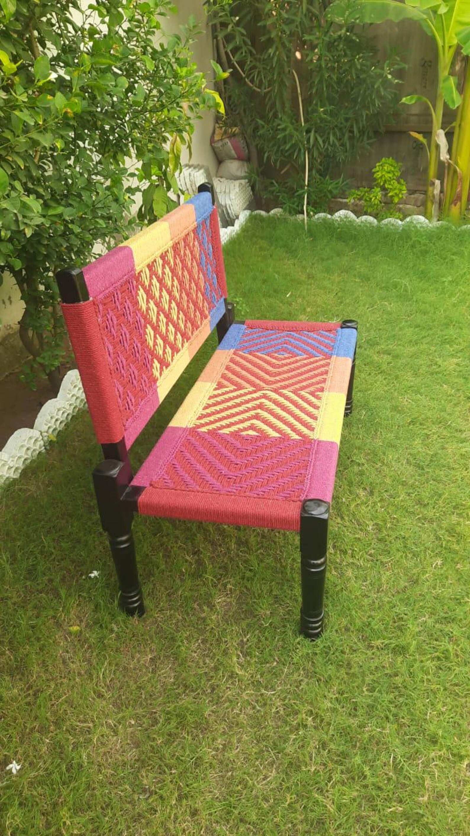 Sheesham Wood Bench With Rope Work, Multicolor Rope Bench, Rope ...