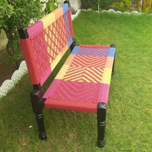 Sheesham Wood Bench With Rope Work, Multicolor Rope Bench, Rope ...