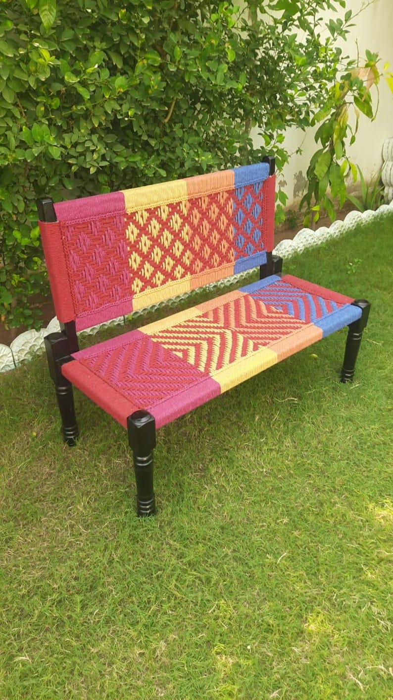 Sheesham Wood Bench With Rope Work, Multicolor Rope Bench, Rope ...