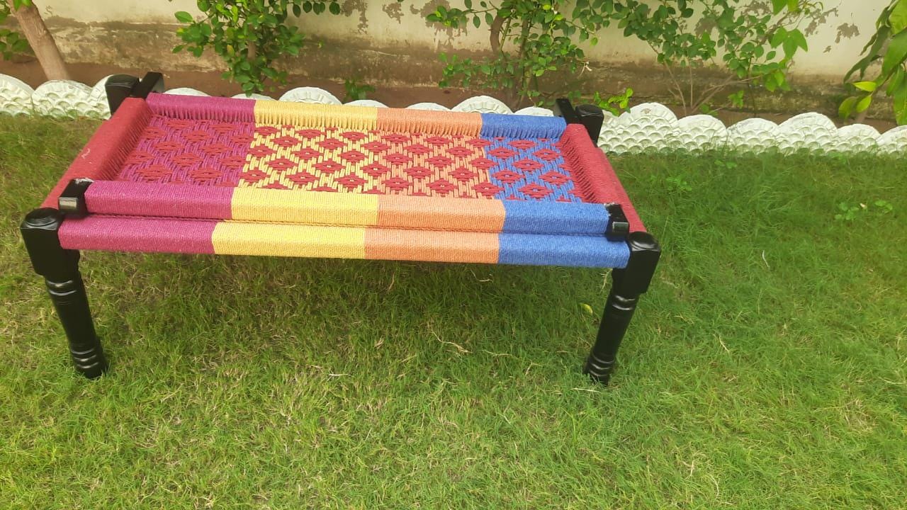 Sheesham Wood Bench With Rope Work, Multicolor Rope Bench, Rope ...