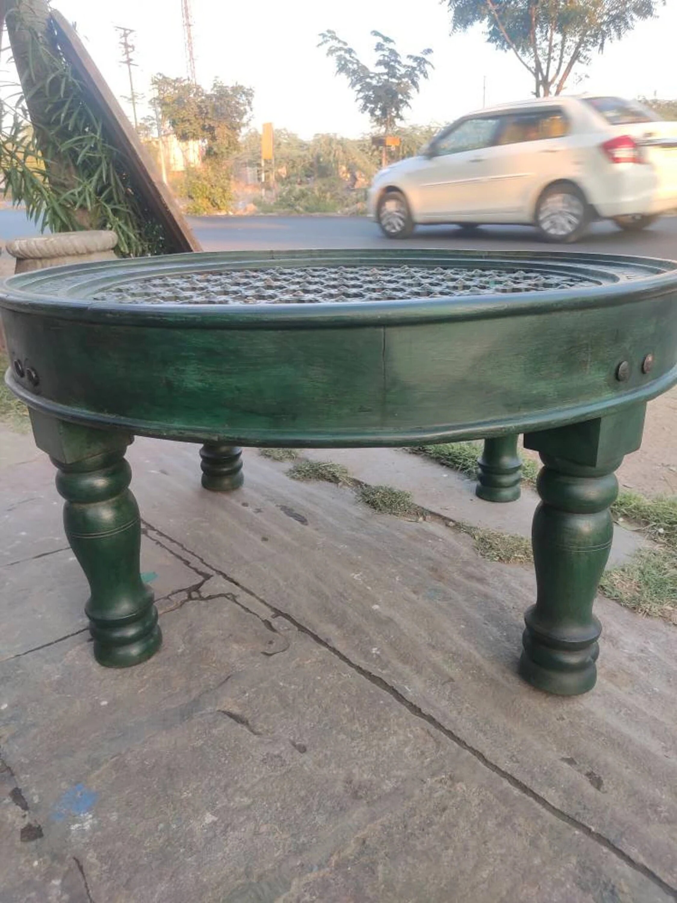 Wooden Vintage Style Round Coffee Table With Carving & Brass Work ...