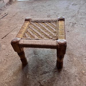 Handmade Wooden Woven Stool | Rustic Low Seat | Traditional Indian ...