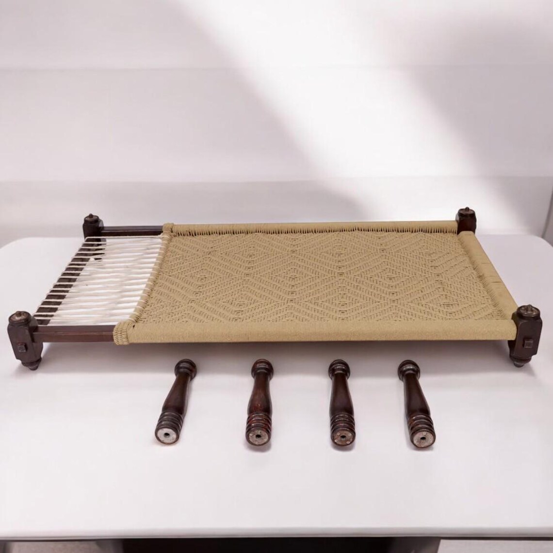 Handwoven White Cotton Rope Charpai | Traditional Wooden Daybed ...