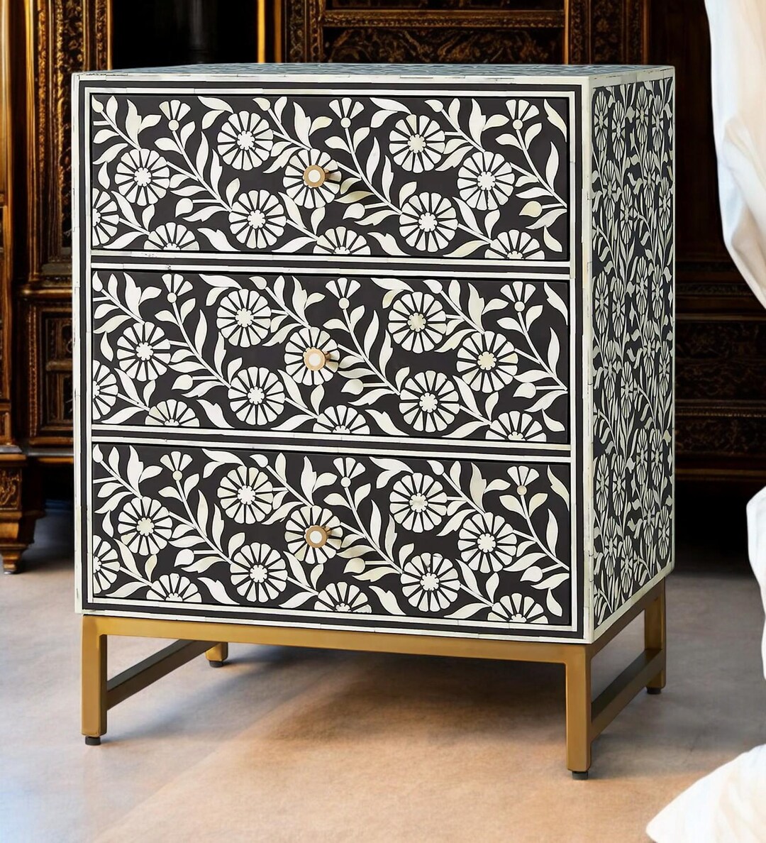 Handmade Bone Inlay Chest of Drawers Floral Sunflower Design in Black ...