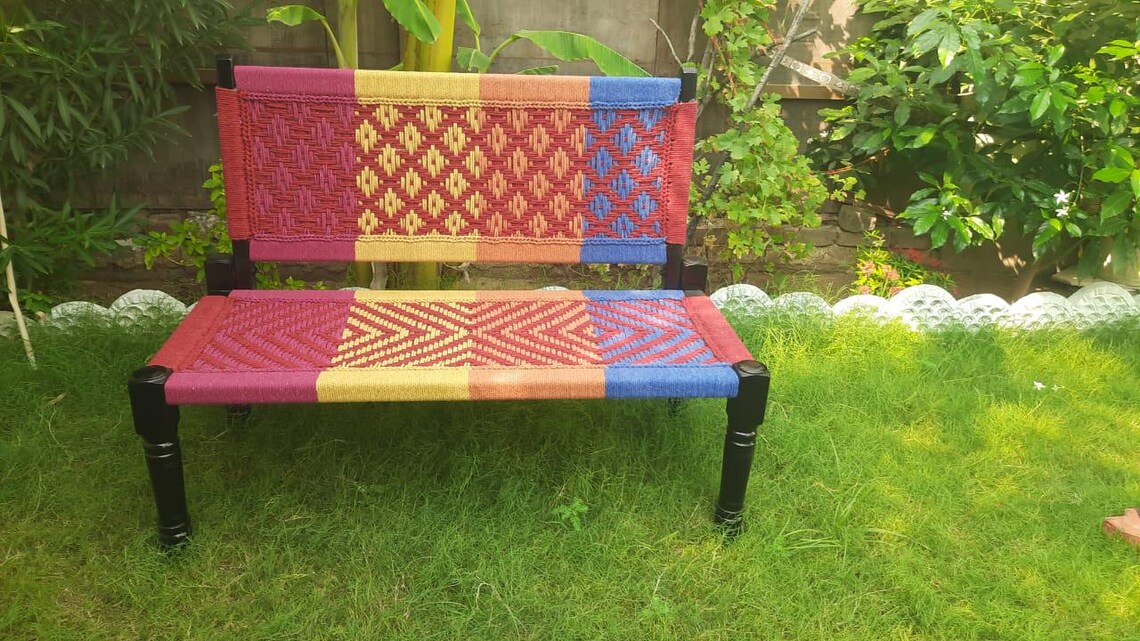 Sheesham Wood Bench With Rope Work, Multicolor Rope Bench, Rope ...