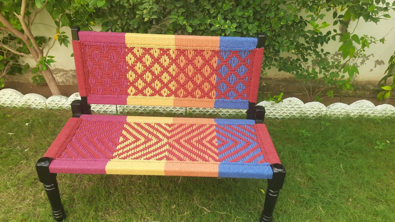 Sheesham Wood Bench With Rope Work, Multicolor Rope Bench, Rope ...