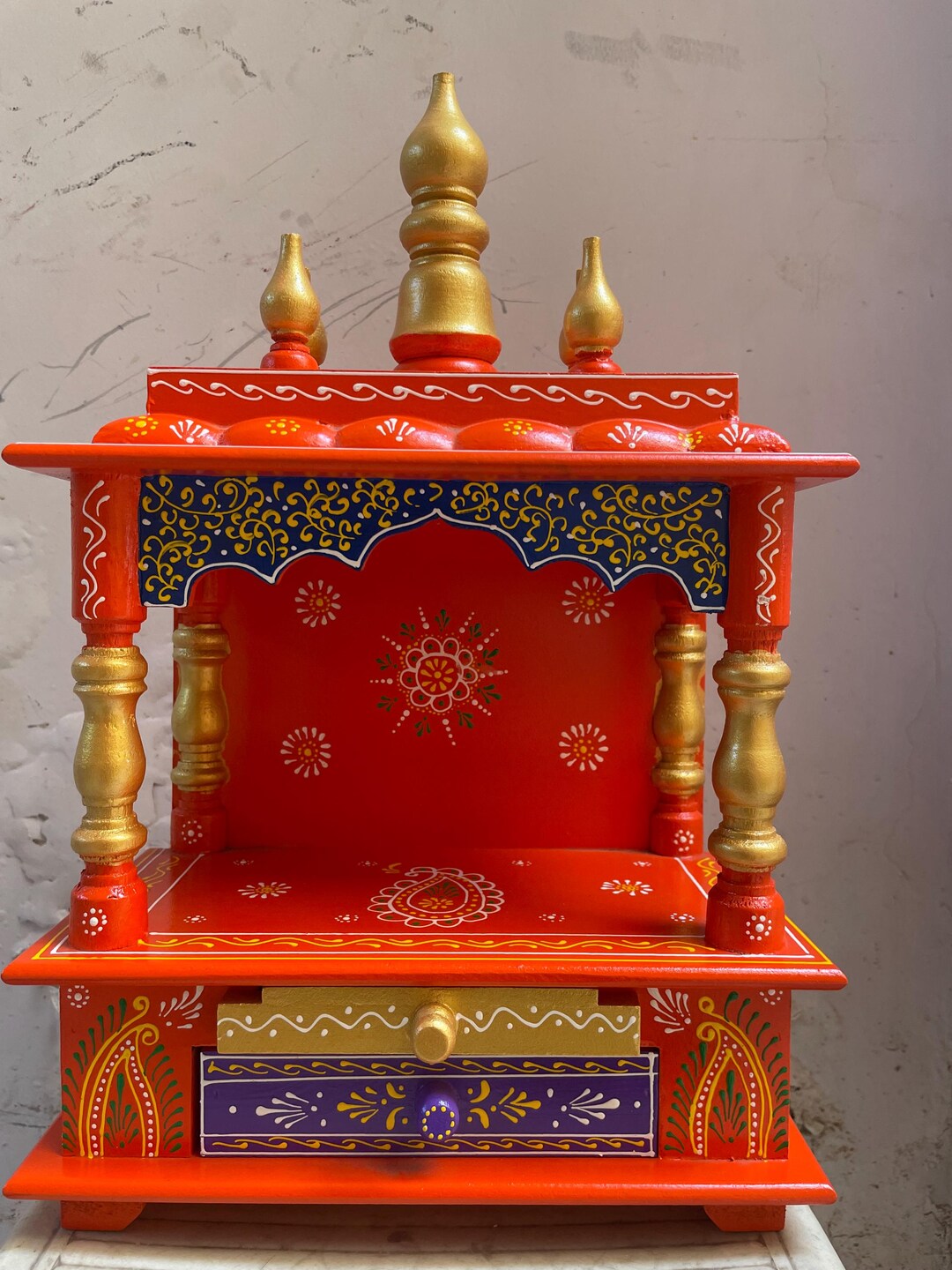 Wooden Carved Temple, Hand Made Puja Room, Indian Traditional Painted ...