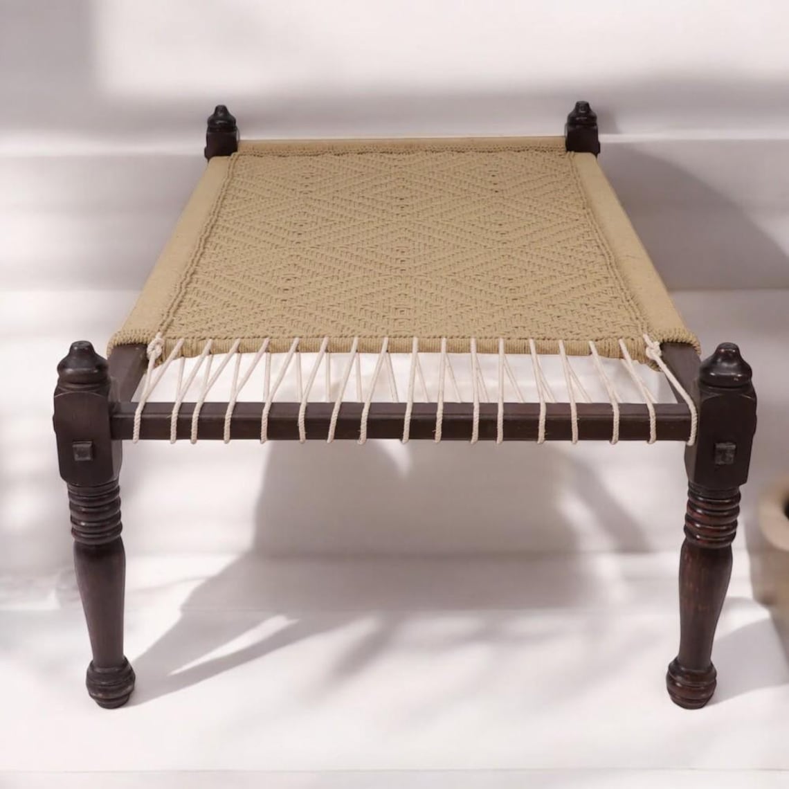 Handwoven White Cotton Rope Charpai | Traditional Wooden Daybed ...