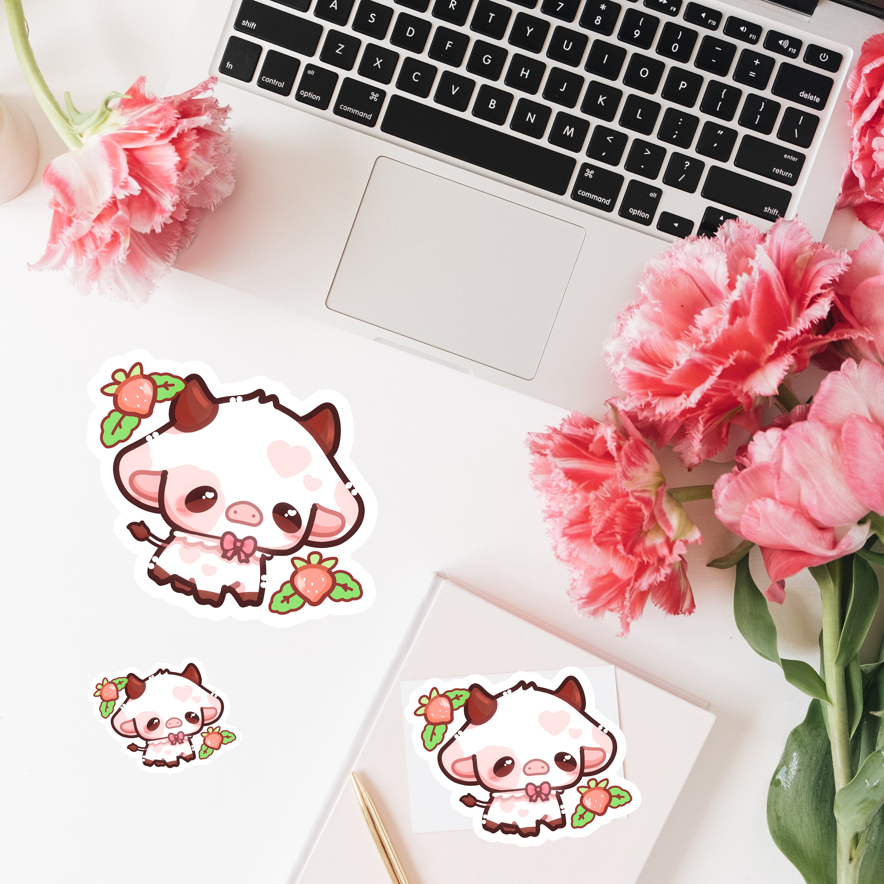 Cute Strawberry Cow Sticker Cute Animal Stickers Kawaii Kiss Cut ...