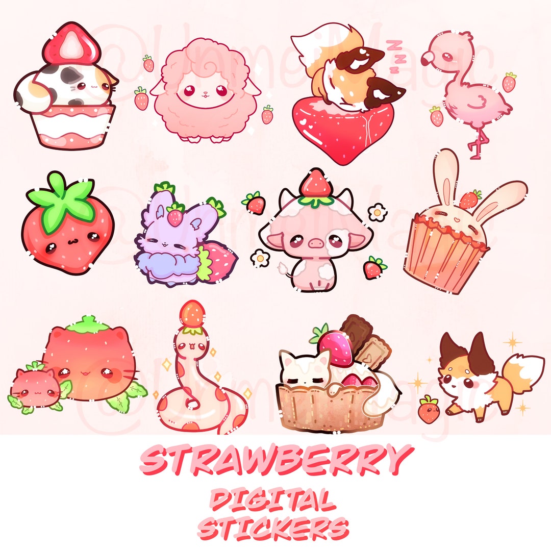 Chibi Strawberry Animal Stickers: Kawaii PNG Clipart (commercial Use ...