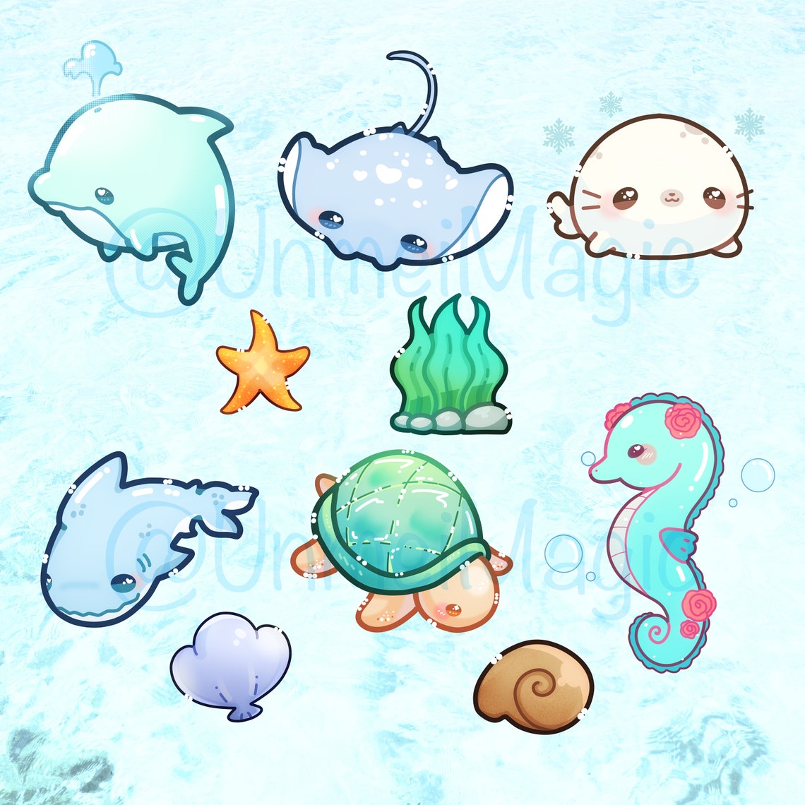 Chibi Digital Sticker Pack 10 PNGS Ocean Friends Clip Art Bundle ...