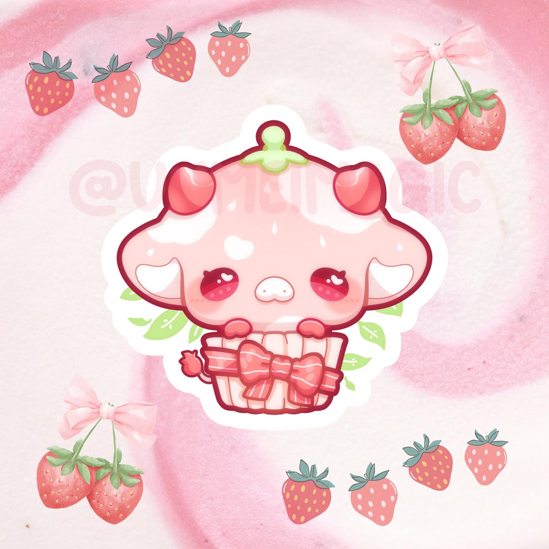 Cute Strawberry Pink Cow Cupcake Sticker | Kawaii Cottagecore Chibi ...