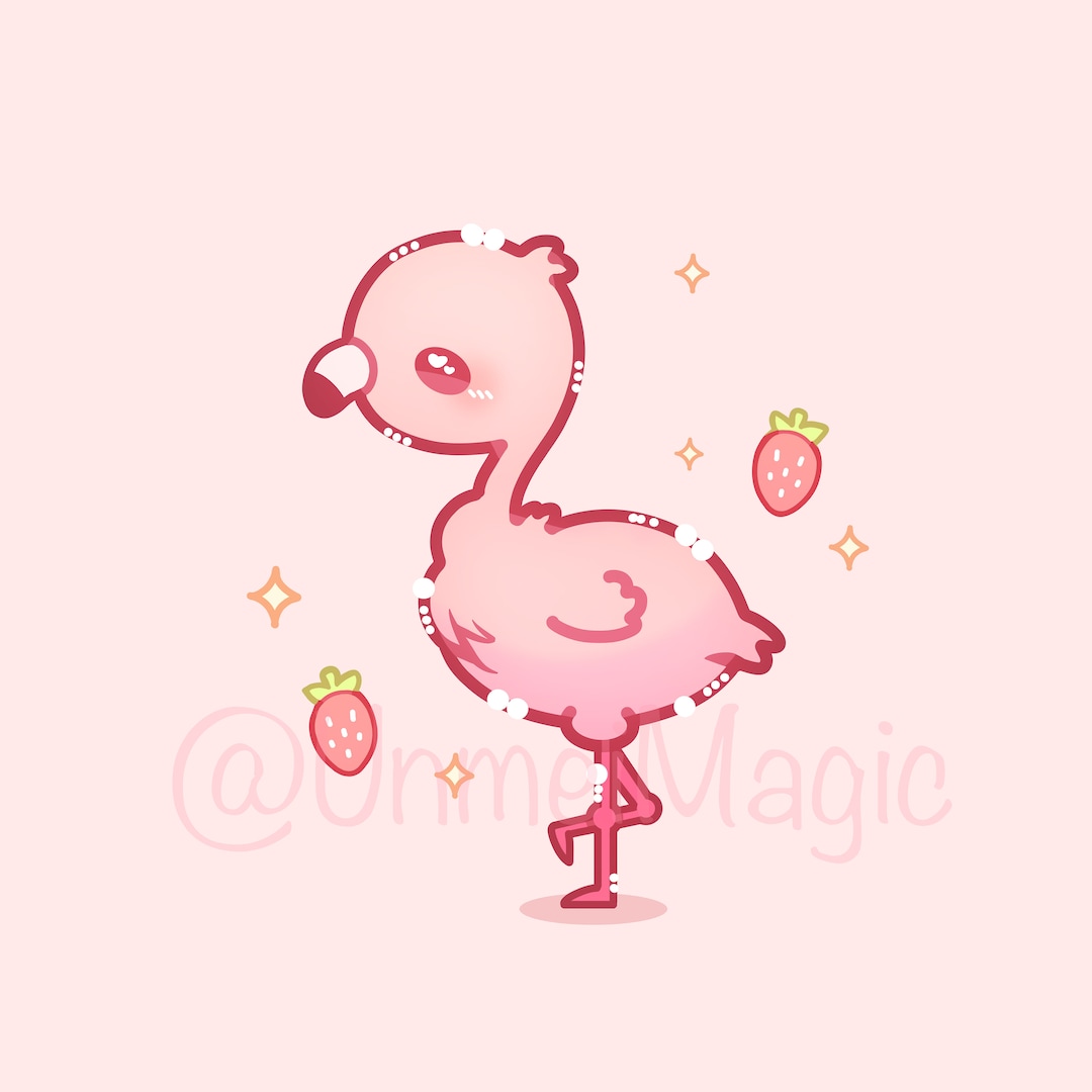 Strawberry Flamingo Chibi Art Digital Printable Drawing Stickers Prints ...