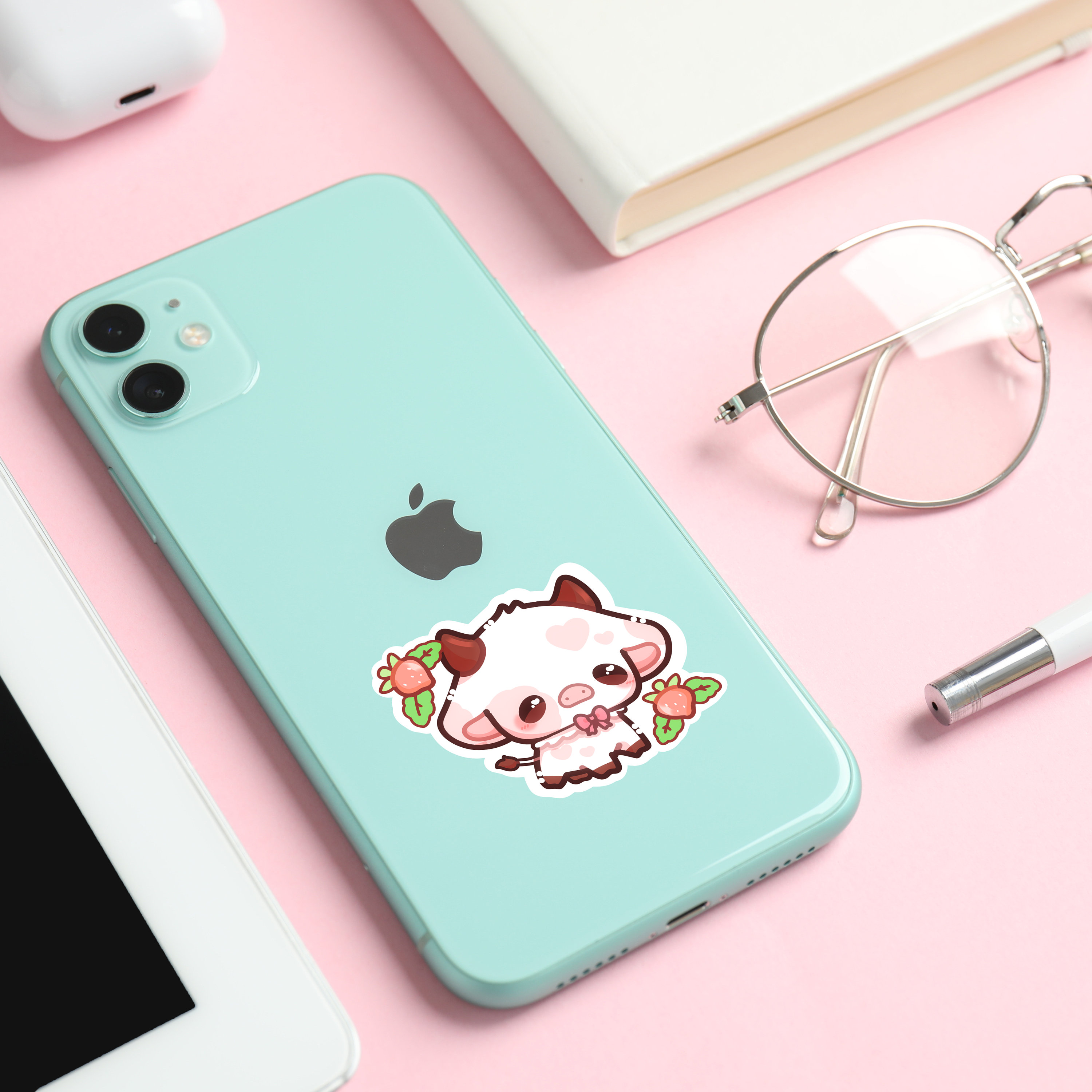 Cute Strawberry Cow Sticker Cute Animal Stickers Kawaii Kiss Cut ...