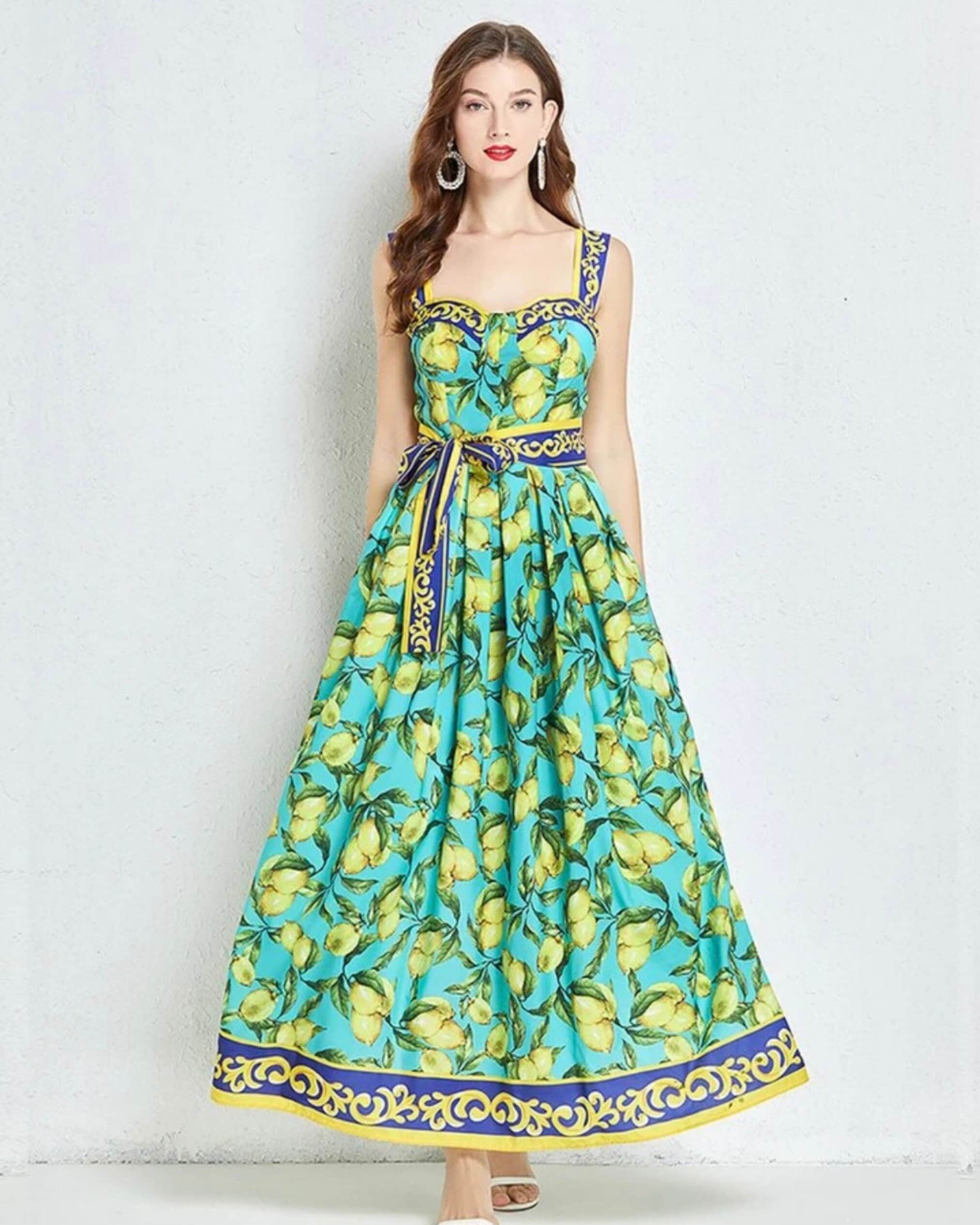 Italian Lemon Printed Maxi Dress, Cute Sicilian Dress, Dolce Vita Style ...
