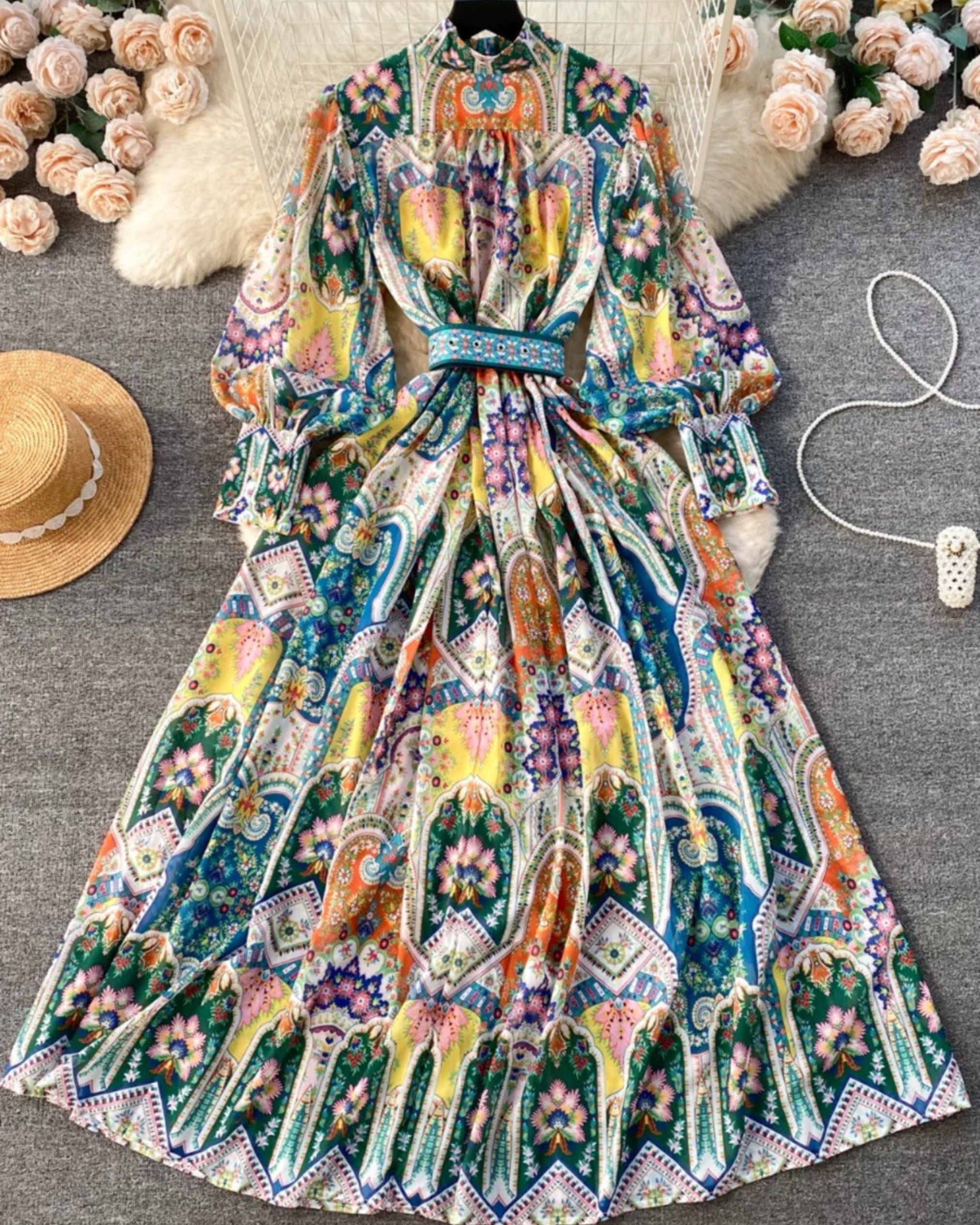 Cute Sicilian Dress, Tile Printed Dress, Vintage Bohemian Dress, Mosaic ...