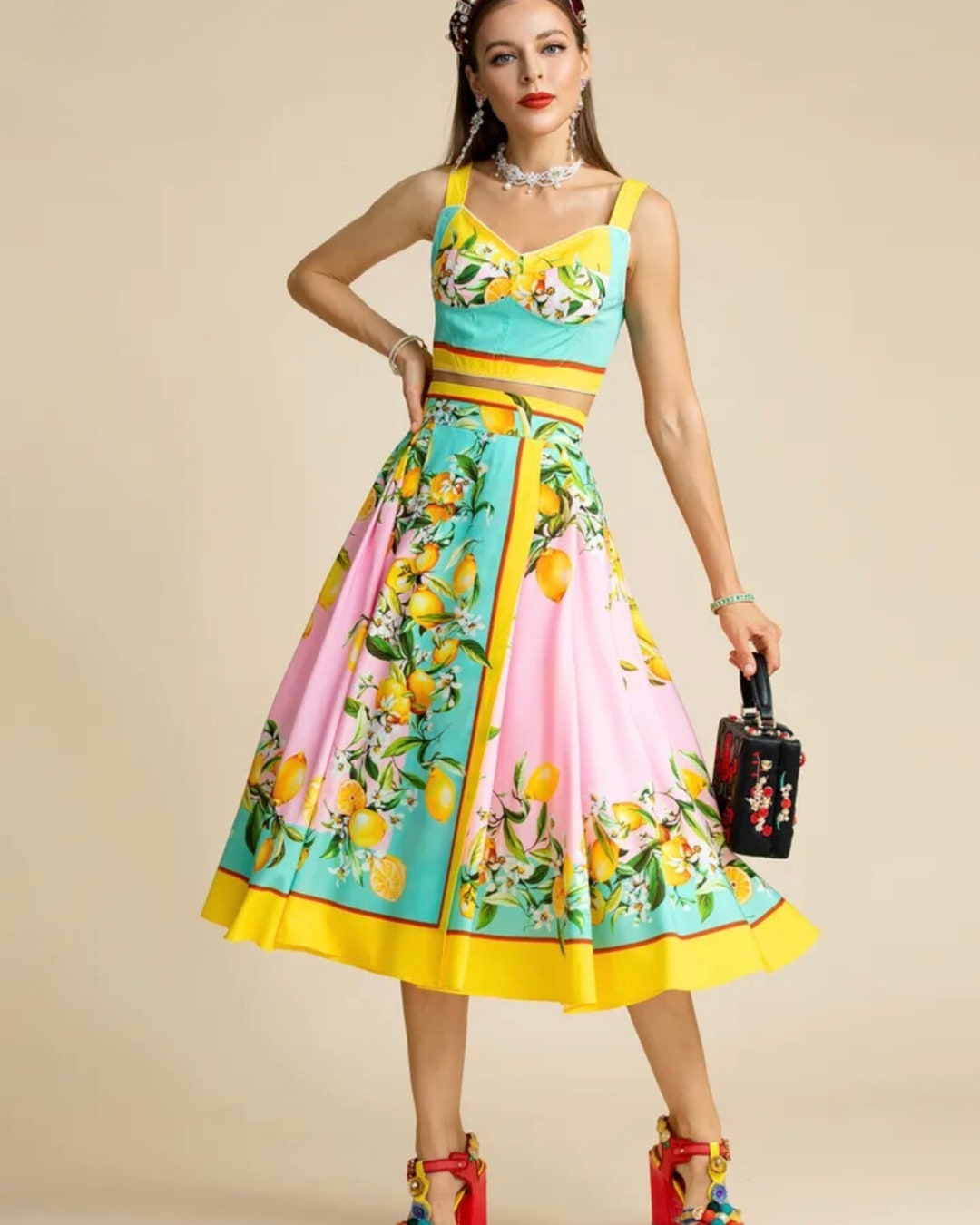 Vintage Lemon Printed Two Piece Skirt Top Set Matching Co-ord - Etsy