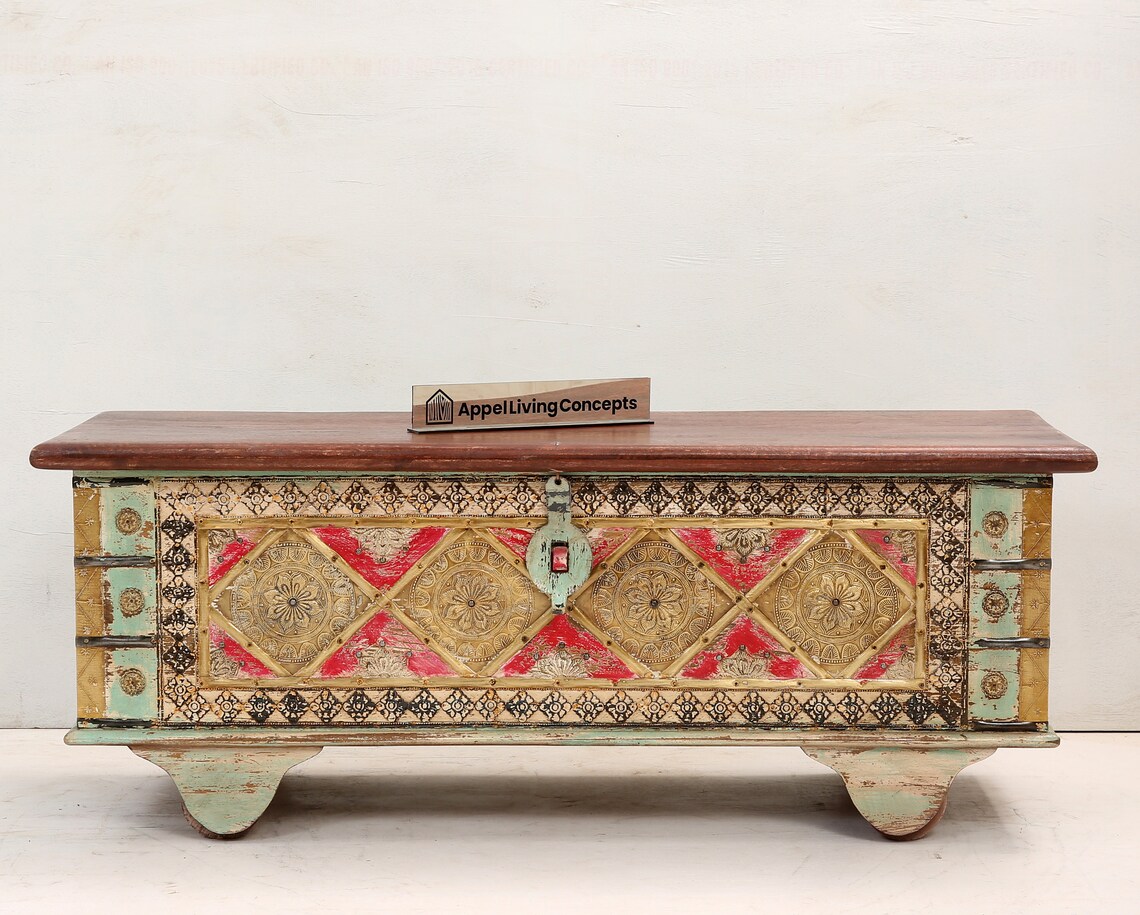 Rolling Storage Trunk With Brass Inlay and Blue-gold Mango Wood - Etsy