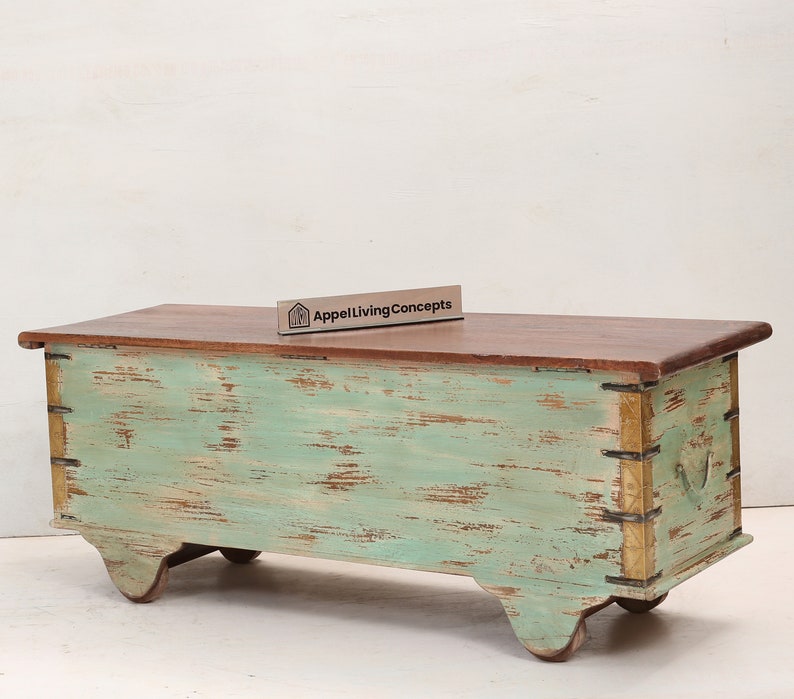 Rolling Storage Trunk With Brass Inlay and Blue-gold Mango Wood - Etsy