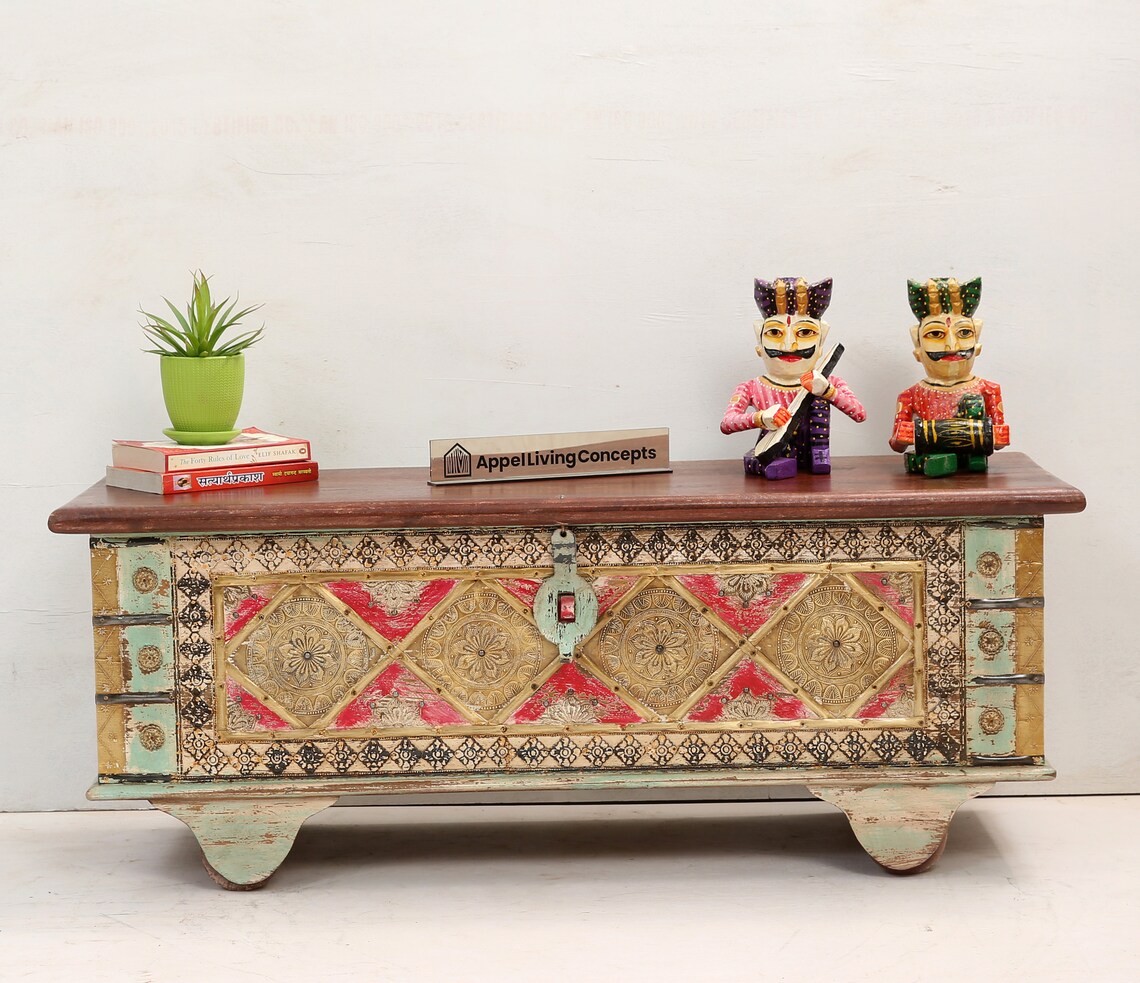 Rolling Storage Trunk With Brass Inlay and Blue-gold Mango Wood - Etsy