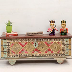 Rolling Storage Trunk With Brass Inlay and Blue-gold Mango Wood - Etsy