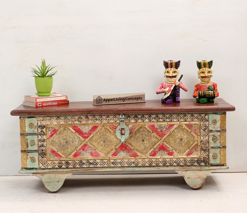 Rolling Storage Trunk With Brass Inlay and Blue-gold Mango Wood - Etsy