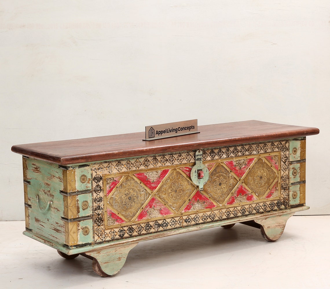 Rolling Storage Trunk With Brass Inlay and Blue-gold Mango Wood - Etsy