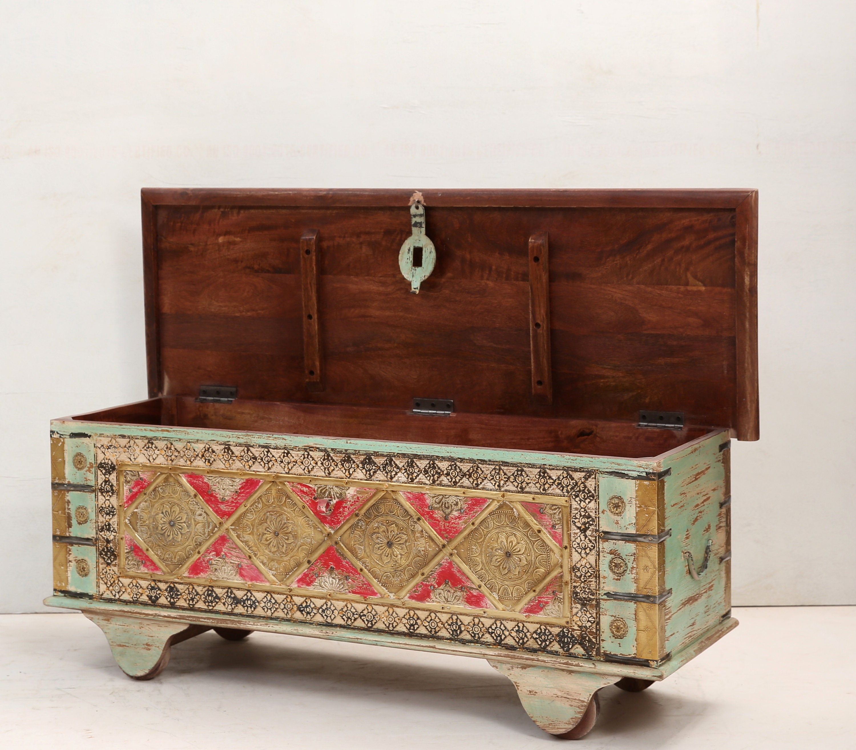 Rolling Storage Trunk With Brass Inlay and Blue-gold Mango Wood - Etsy