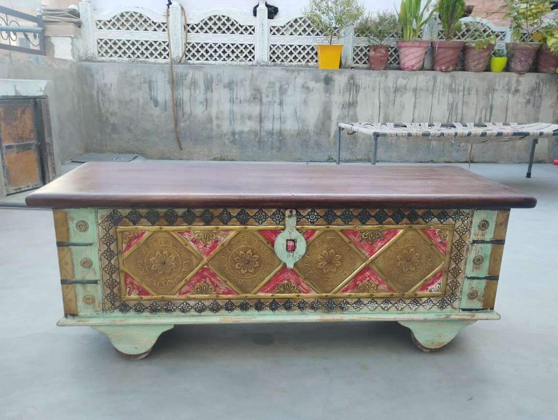 Rolling Storage Trunk With Brass Inlay and Blue-gold Mango Wood - Etsy