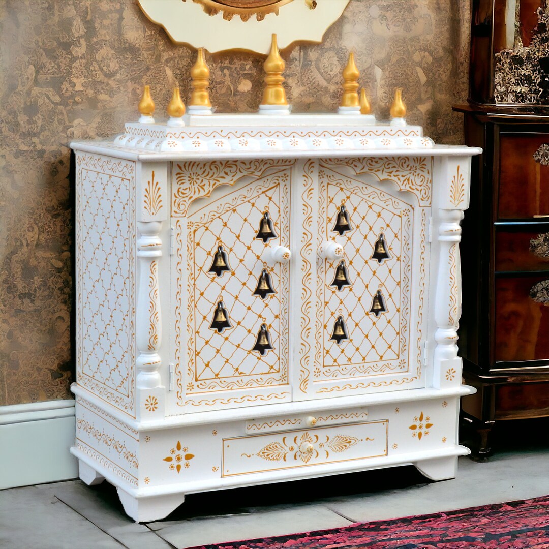 Wooden Temple Mandir Finished in White Gold Beautiful Handmade Mandir ...