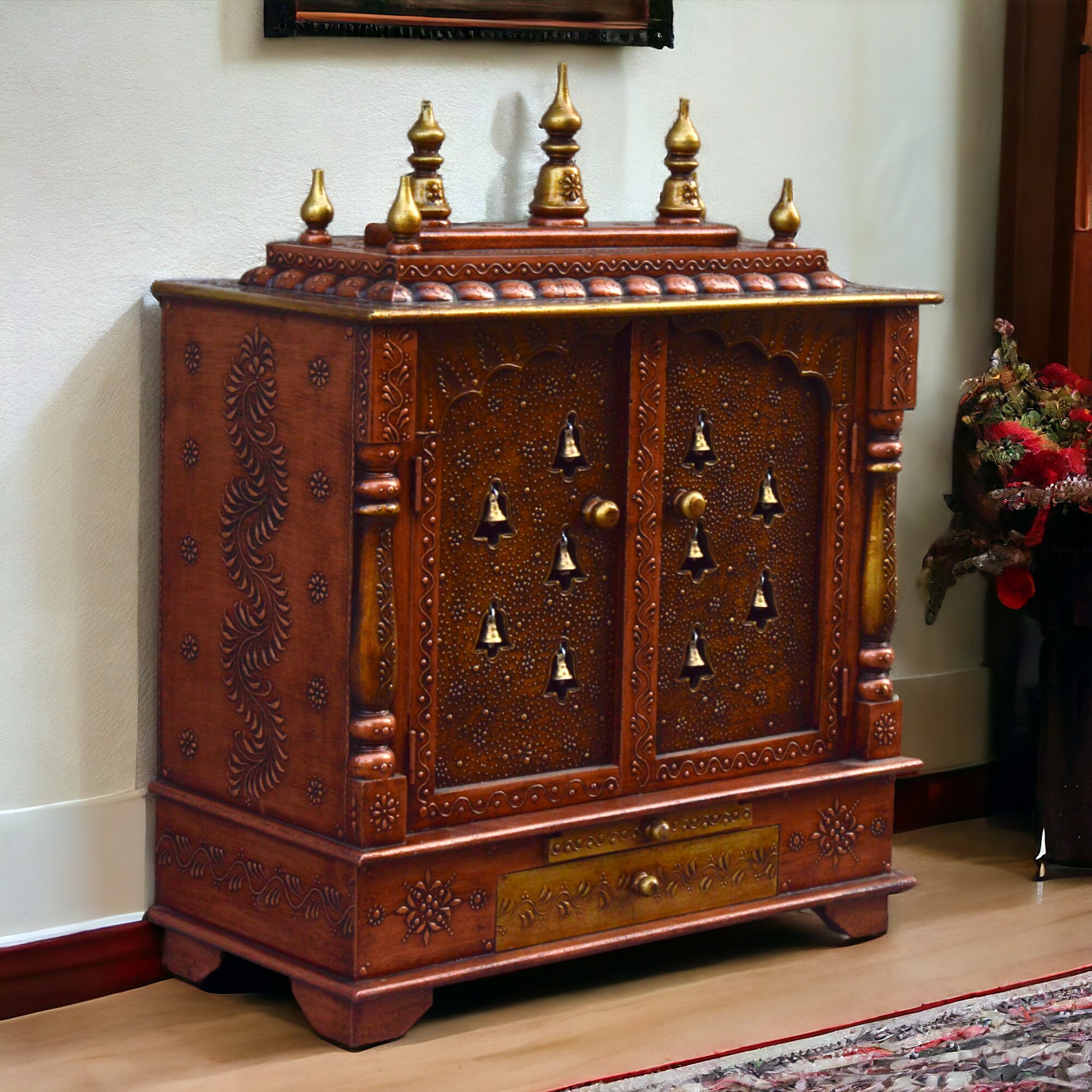 Wooden Temple Mandir Finished in White Gold Beautiful Handmade Mandir ...