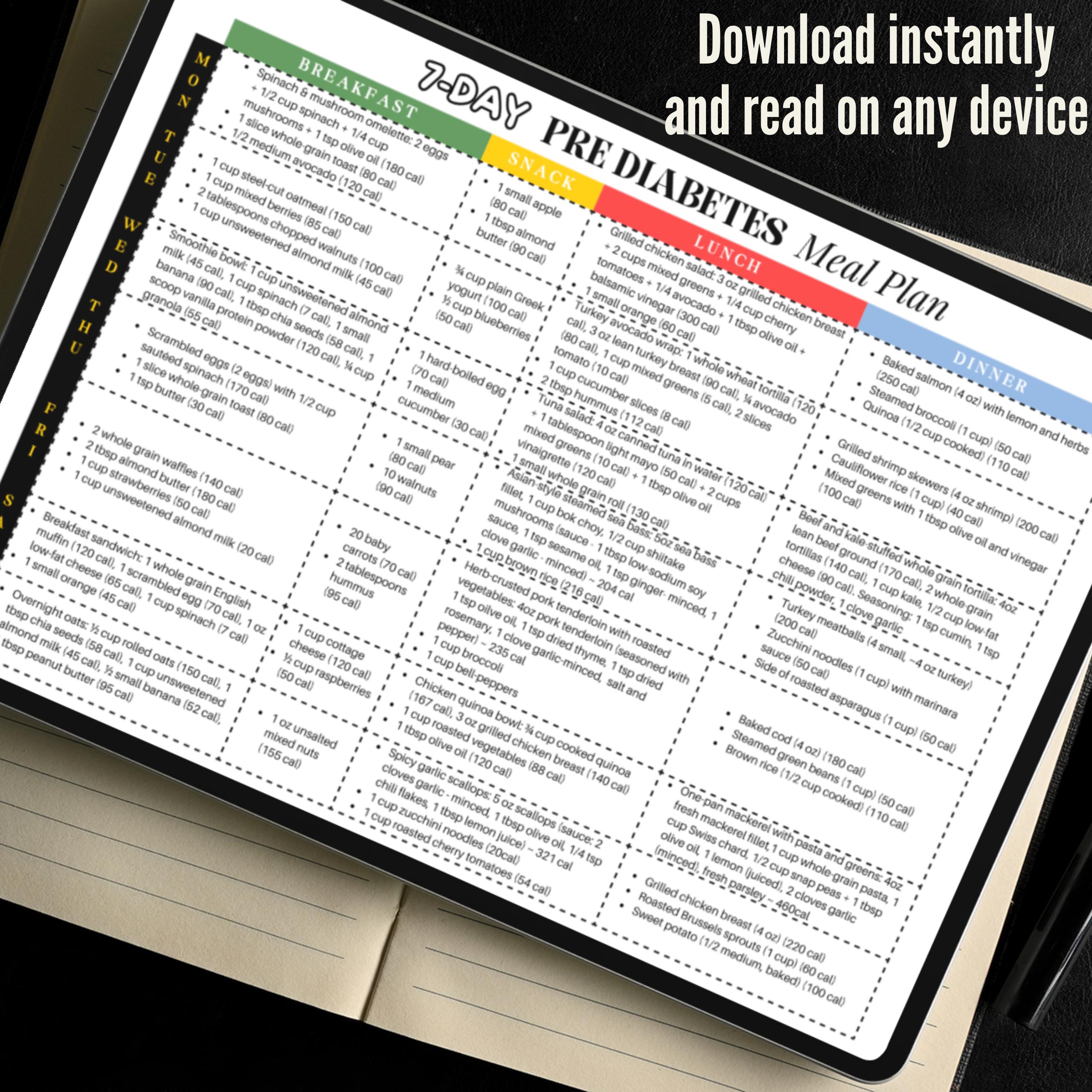 1200-1400 Calories Prediabetic Meal Plan PDF, Pre Diabetes Printable ...